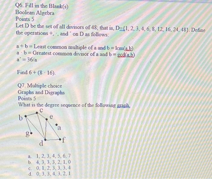 Solved Q6. Fill in the Blank(s) Boolean Algebra Points 5 Let | Chegg.com