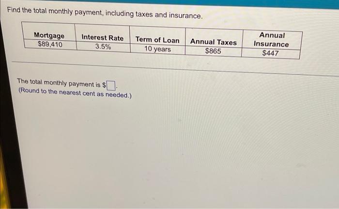Solved Find the total monthly payment, including taxes and | Chegg.com