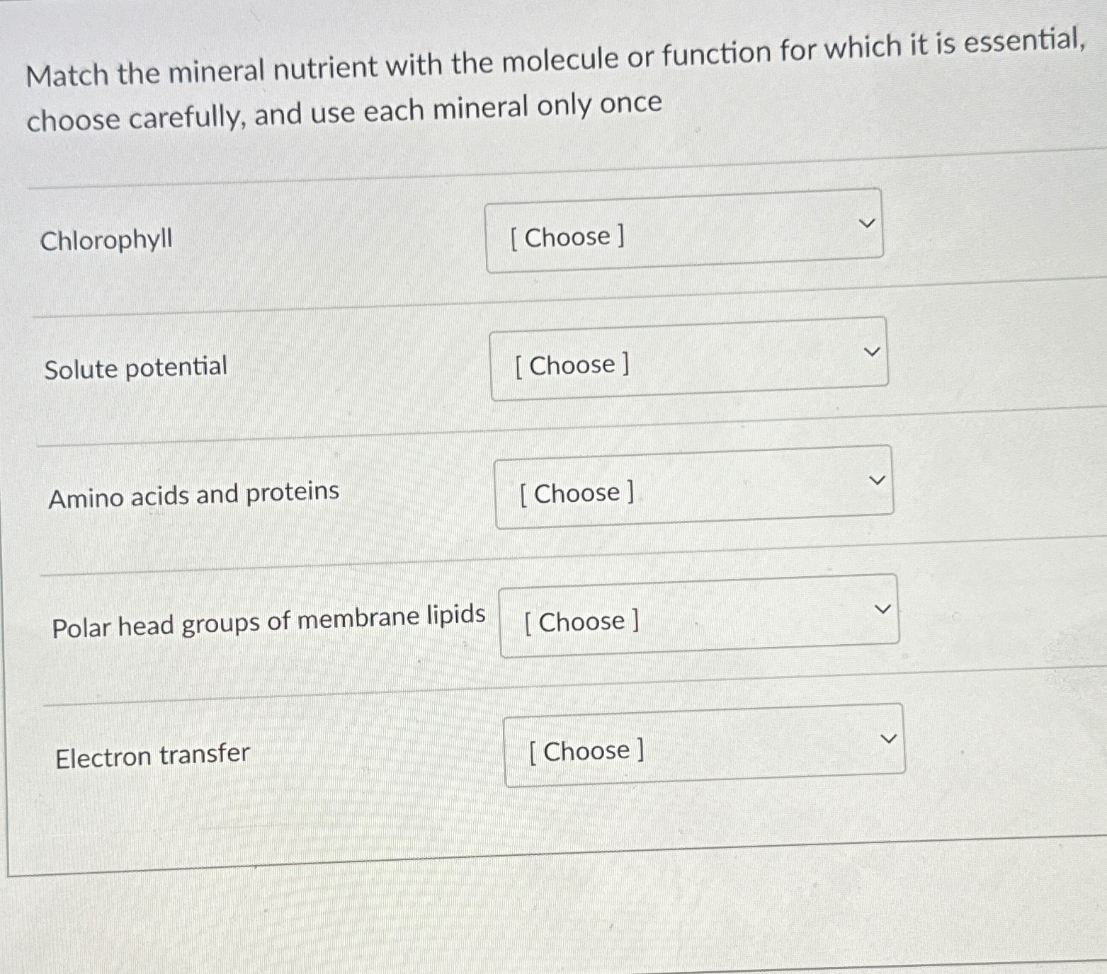 Solved Match the mineral nutrient with the molecule or | Chegg.com