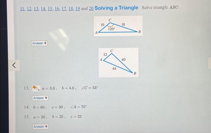 Solved 11,12,13,14,15,16,17,18,19 and 20 Solving a Triangle | Chegg.com
