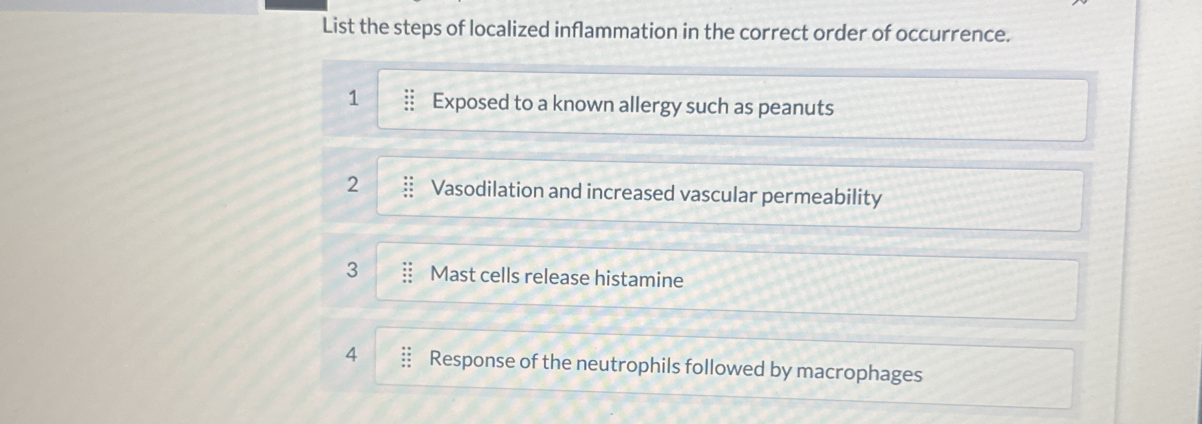 List the steps of localized inflammation in the | Chegg.com