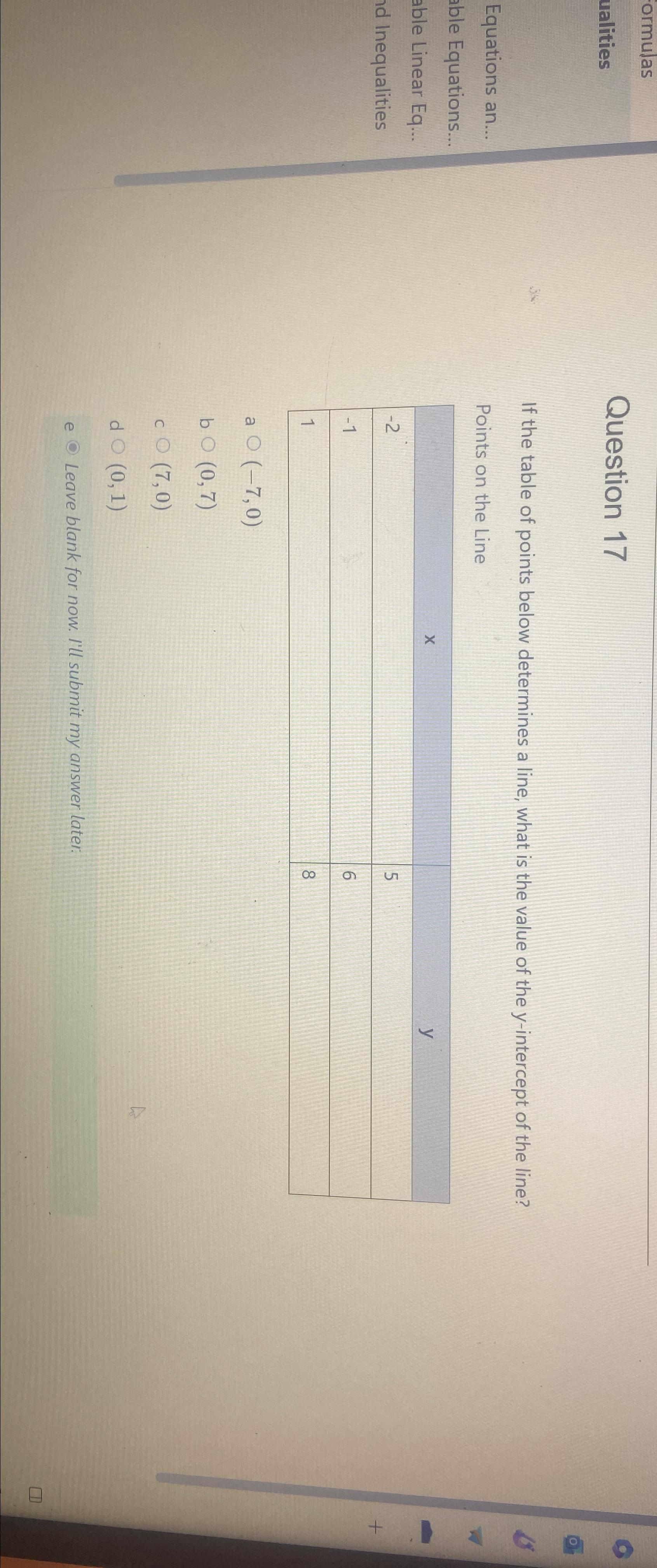 Question 17If the table of points below determines a | Chegg.com