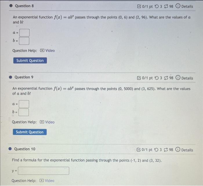 Solved An exponential function f(x)=abx passes through the | Chegg.com