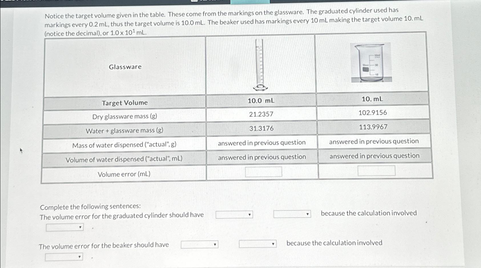Solved Notice the target volume given in the table. These | Chegg.com