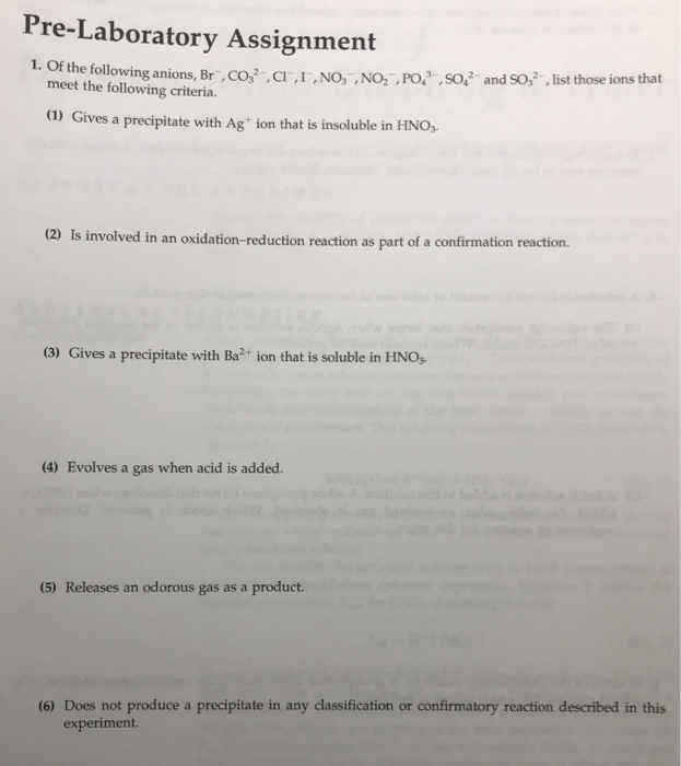 Solved Pre-Laboratory Assignment the following anions, | Chegg.com
