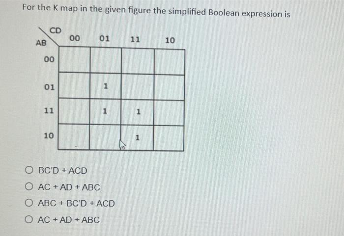 Solved For the K map in the given figure the simplified | Chegg.com