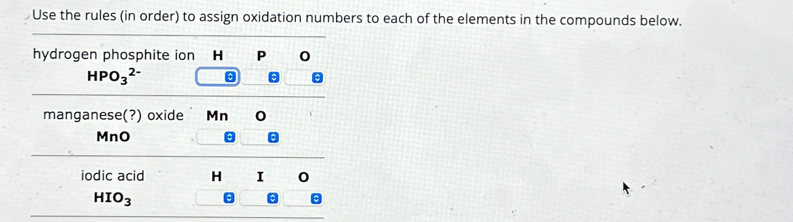 Solved Use the rules (in order) ﻿to assign oxidation numbers | Chegg.com