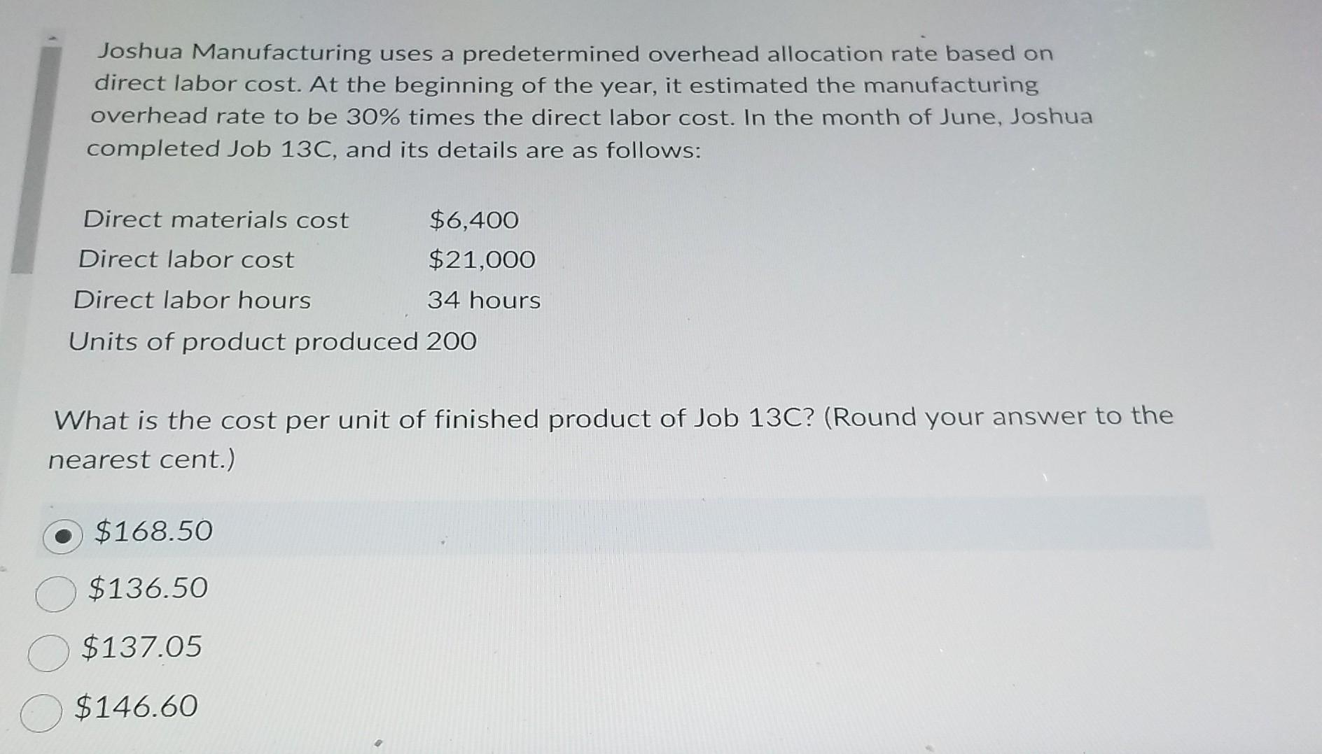 Solved Joshua Manufacturing uses a predetermined overhead | Chegg.com