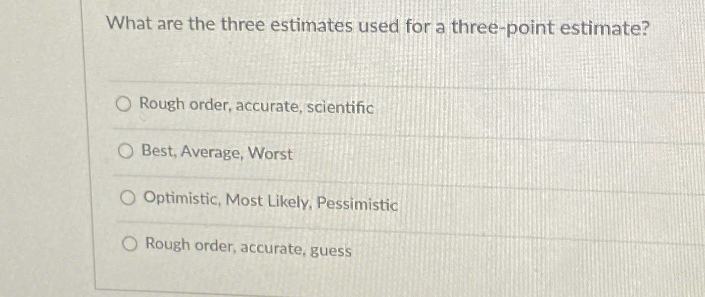 Solved What are the three estimates used for a three-point | Chegg.com