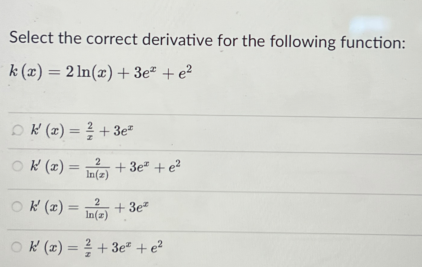Solved Select the correct derivative for the following | Chegg.com