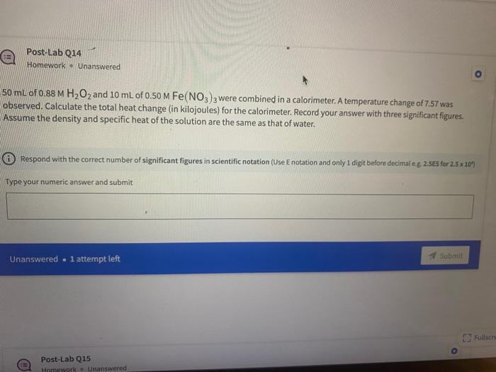 Solved Post-Lab Q14 Homework Unanswered 50 mL of 0.88 M H2O2 | Chegg.com