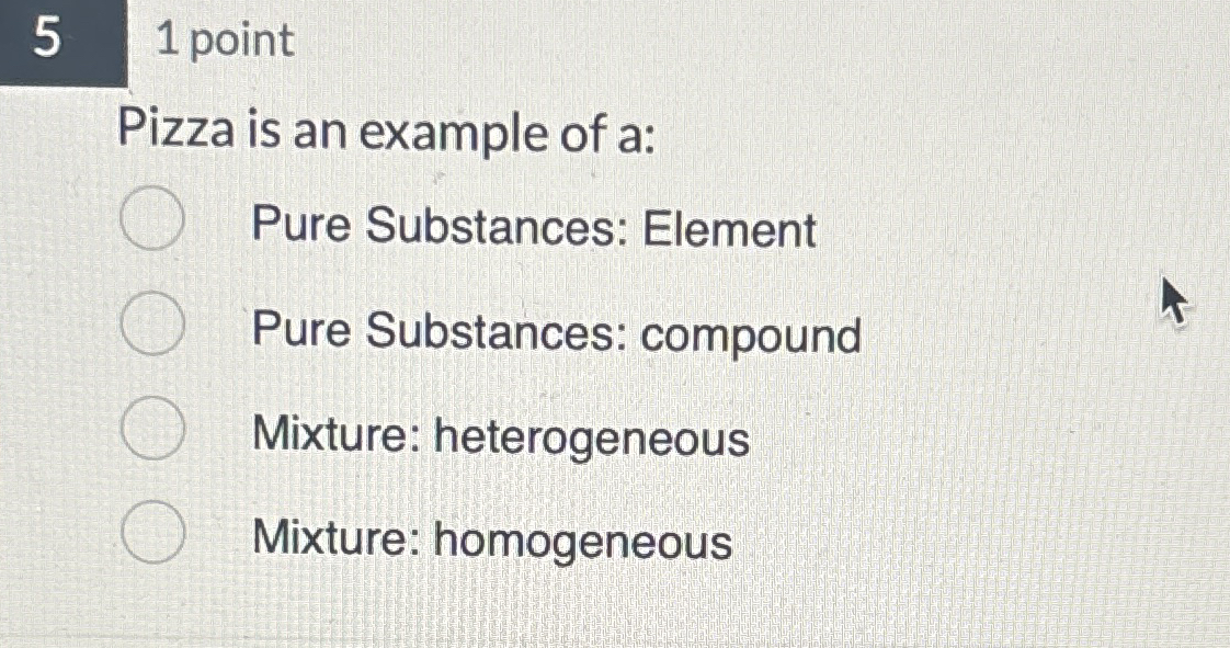 Solved 5,1 ﻿pointPizza is an example of a:Pure Substances: | Chegg.com