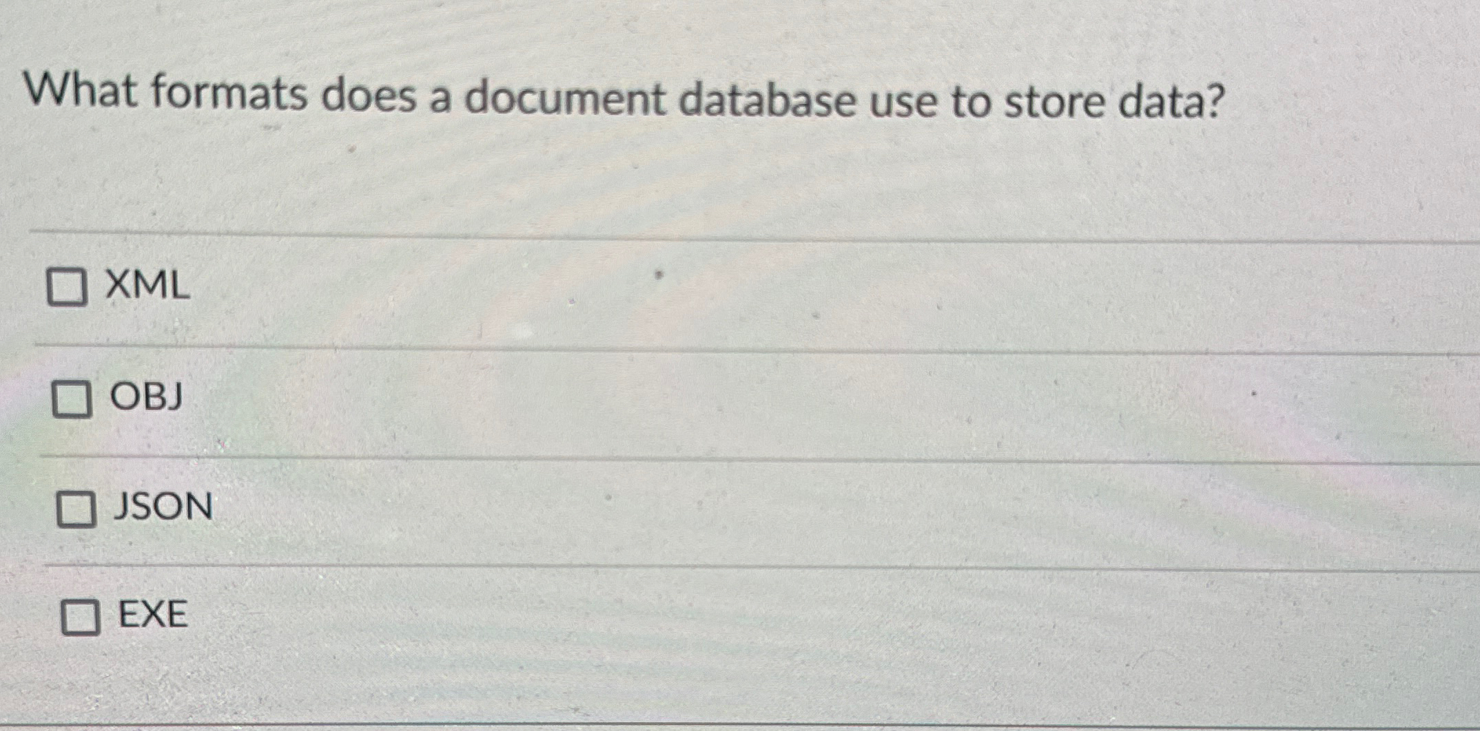 Solved What formats does a document database use to store | Chegg.com