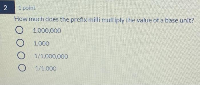 Solved 2 1 point How much does the prefix milli multiply the | Chegg.com