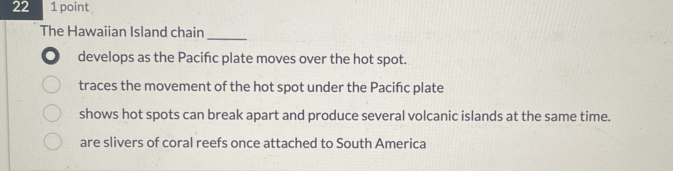 Solved 221 ﻿pointThe Hawaiian Island chaindevelops as the | Chegg.com