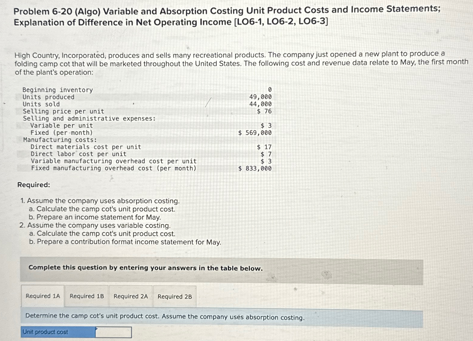 Solved Problem 6-20 (Algo) ﻿Variable and Absorption Costing | Chegg.com
