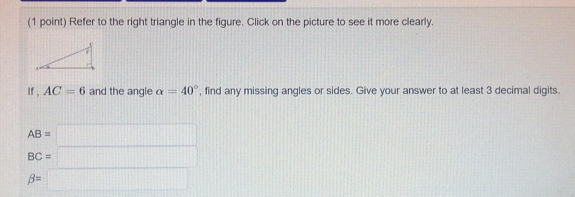 Solved (1 point) Refer to the right triangle in the figure. | Chegg.com