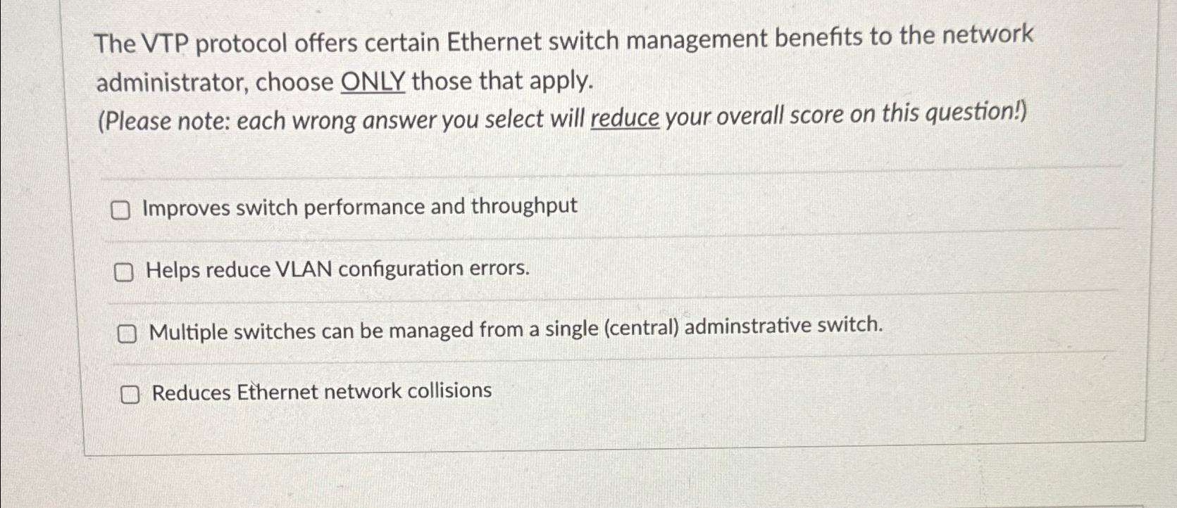 Solved The VTP protocol offers certain Ethernet switch | Chegg.com