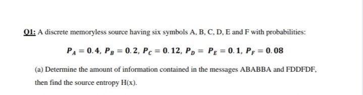 Solved Q1: A discrete memoryless source having six symbols | Chegg.com