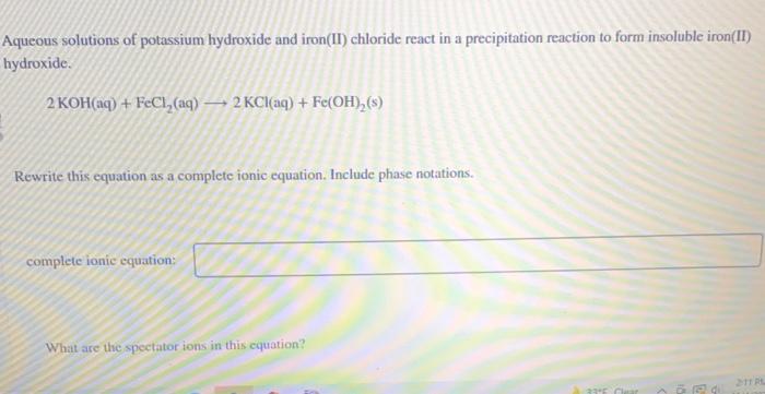 Solved Aqueous solutions of potassium hydroxide and iron(II) | Chegg.com