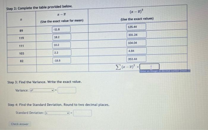 Solved Step 2: Complete the table provided below. T 89 119 | Chegg.com
