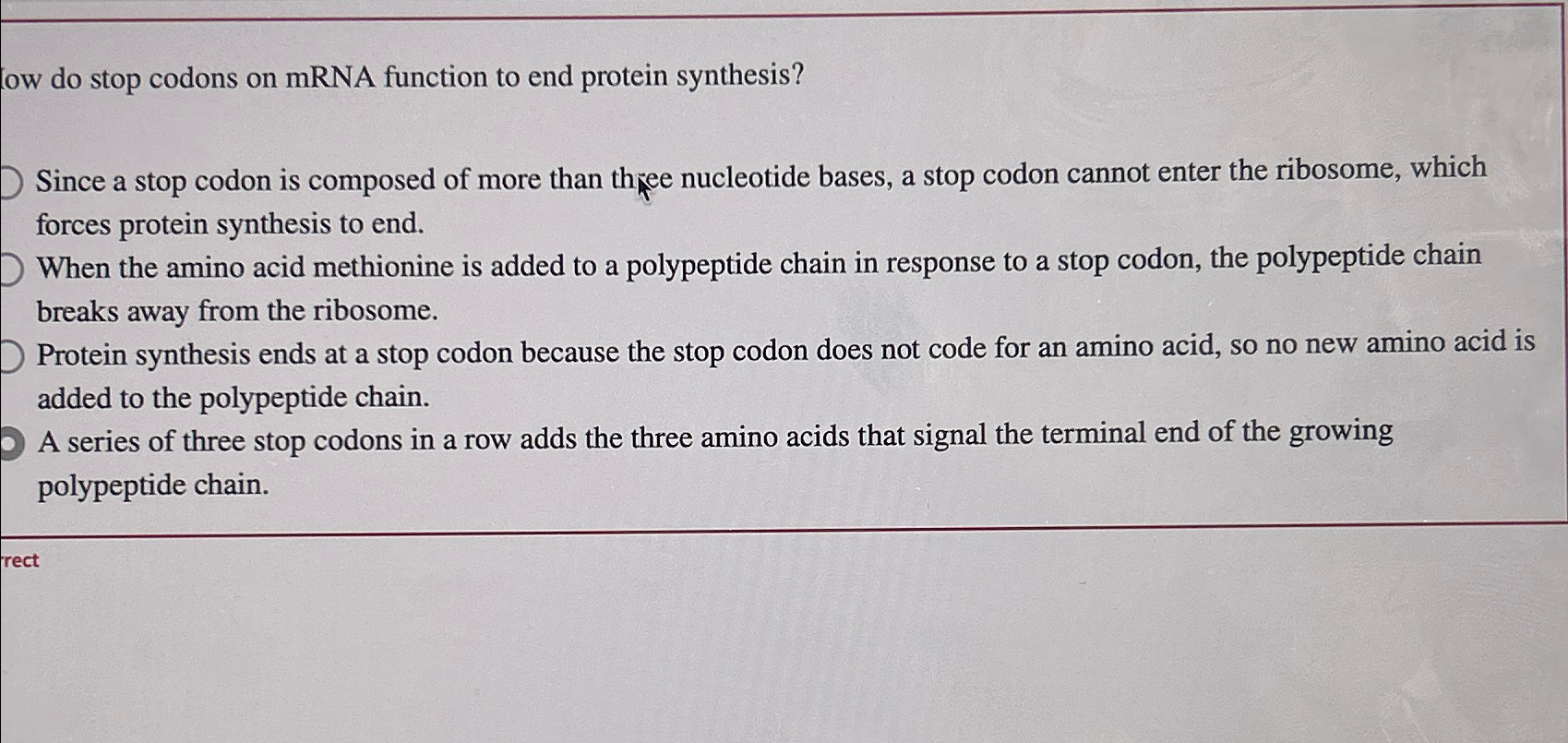 Solved Low do stop codons on mRNA function to end protein | Chegg.com