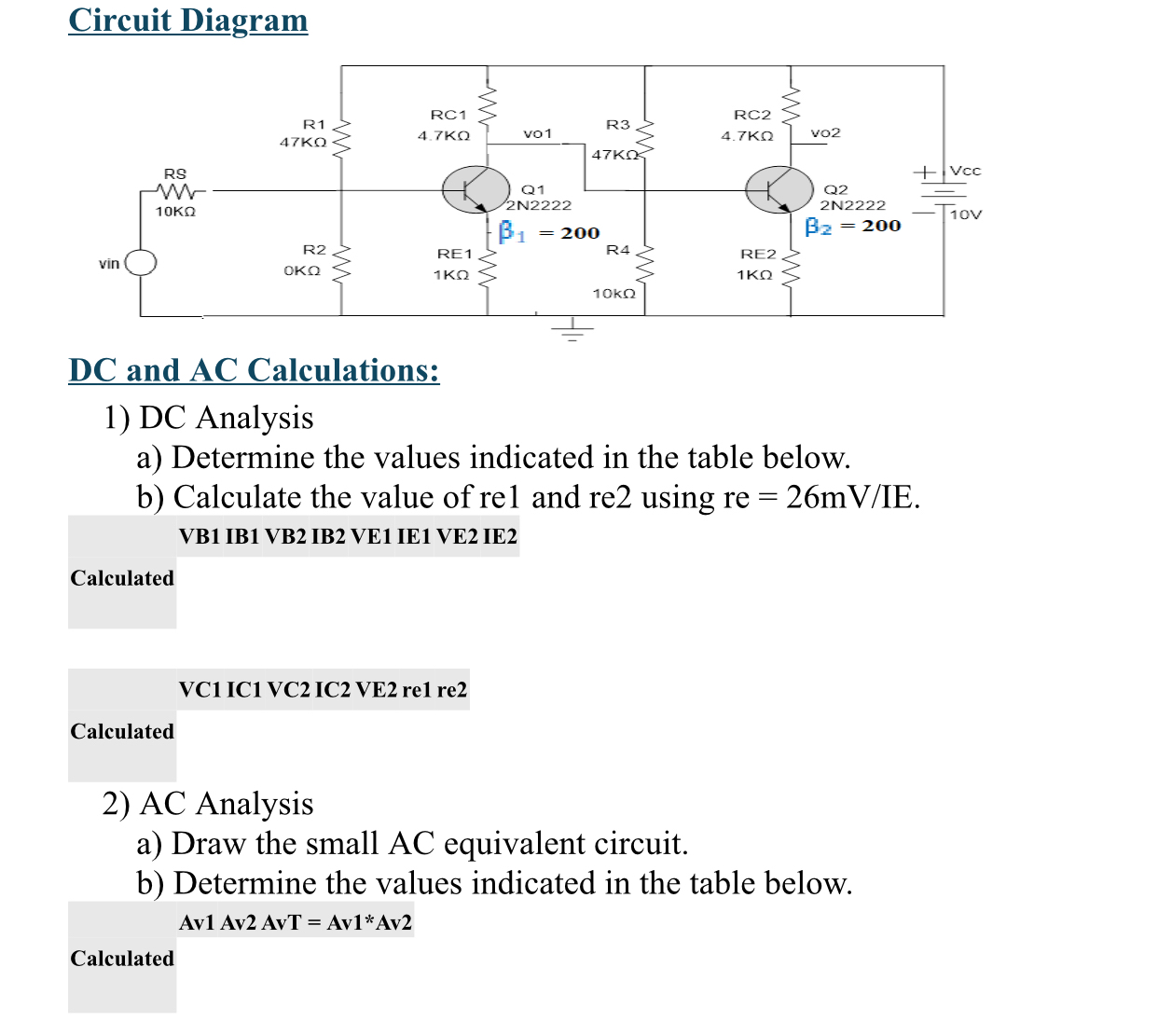 Circuit DiagramDC and AC Calculations:DC Analysisa) | Chegg.com