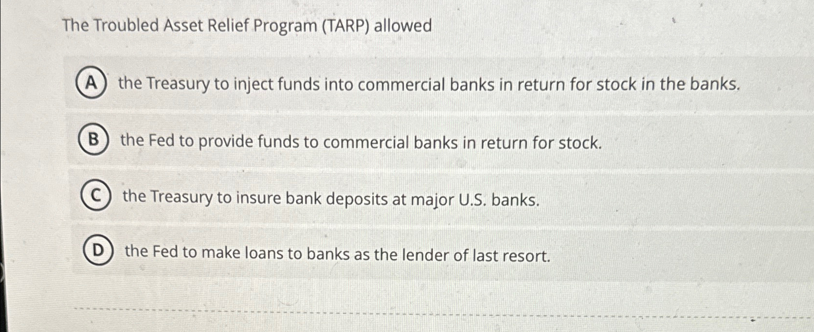 Solved The Troubled Asset Relief Program (TARP) ﻿allowedthe | Chegg.com