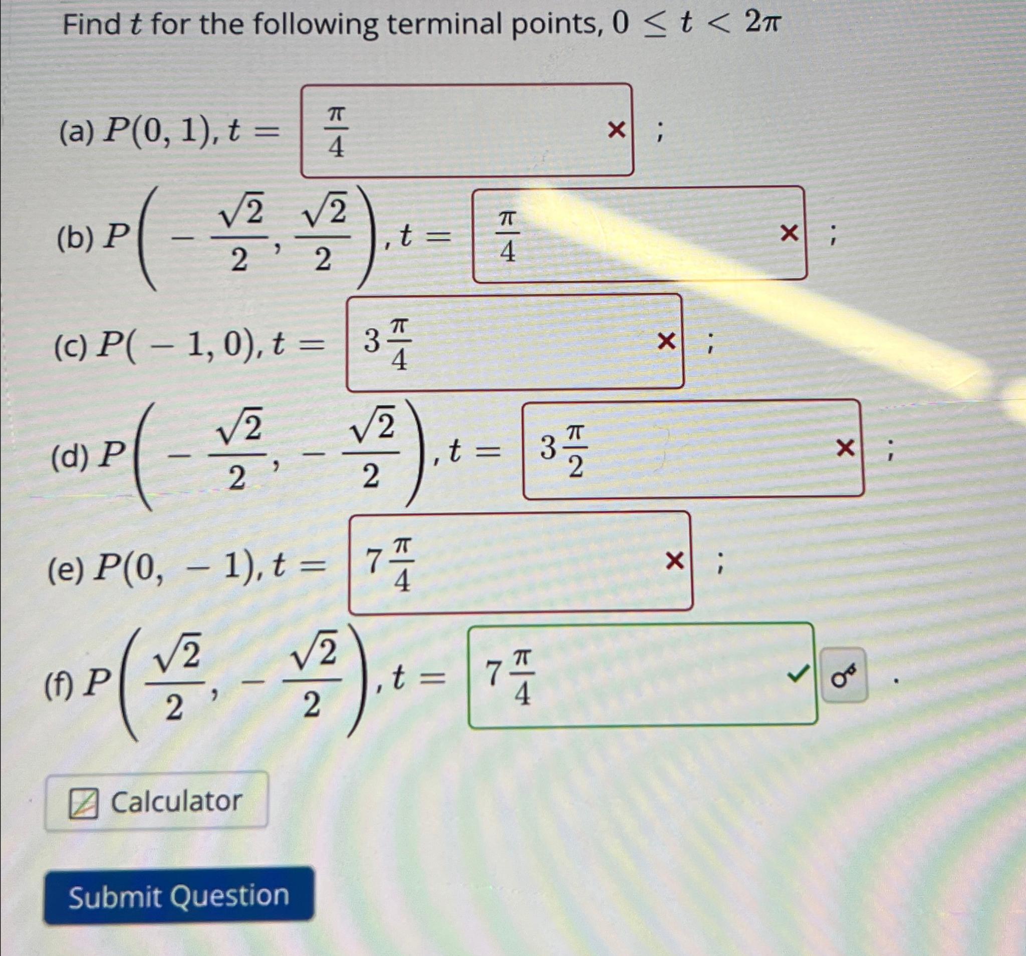 Solved Find t ﻿for the following terminal points, | Chegg.com