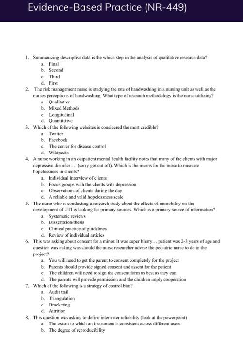 Solved Evidence-Based Practice (NR-449) 1. Summarizing | Chegg.com