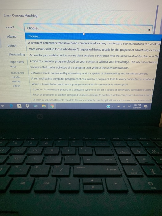 Solved Exam Concept Matching rootkit Choose... adware botnet | Chegg.com