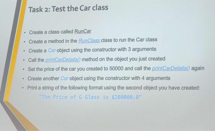 Solved Task 1: Create the Car class - Create a class called | Chegg.com