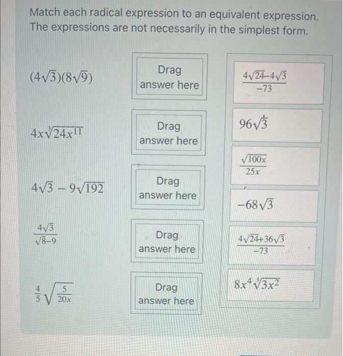 Solved Match each radical expression to an equivalent | Chegg.com