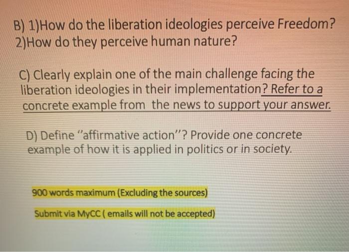 Solved B) 1) How do the liberation ideologies perceive | Chegg.com