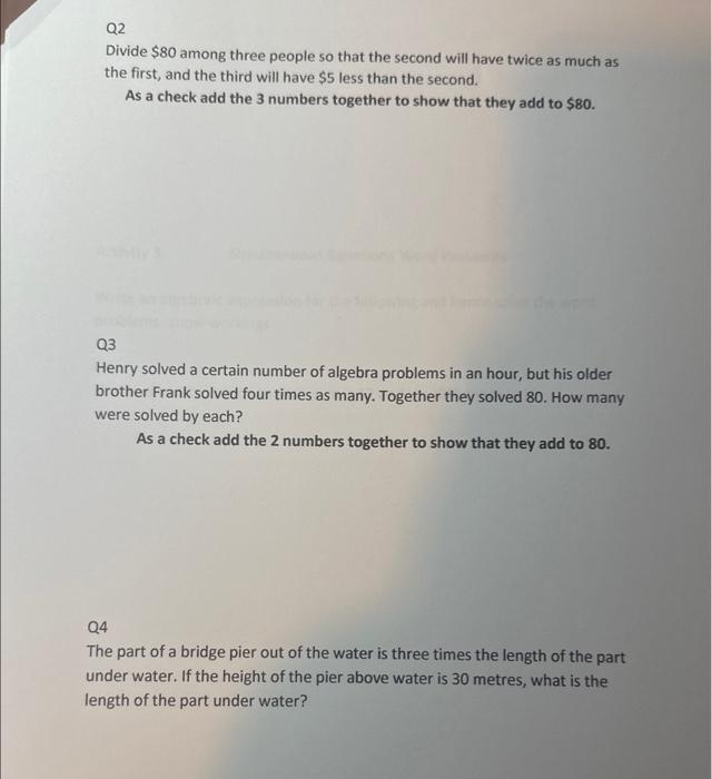 Solved Activity 2 Algebra Word Problems Write an algebraic | Chegg.com