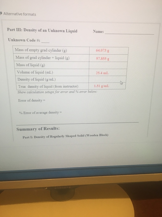 Solved Alternative formats Part III: Density of an Unknown | Chegg.com