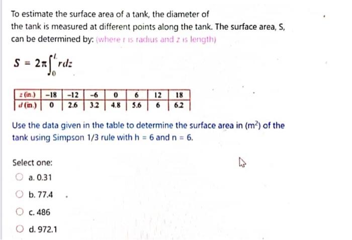 Solved To estimate the surface area of a tank, the diameter | Chegg.com