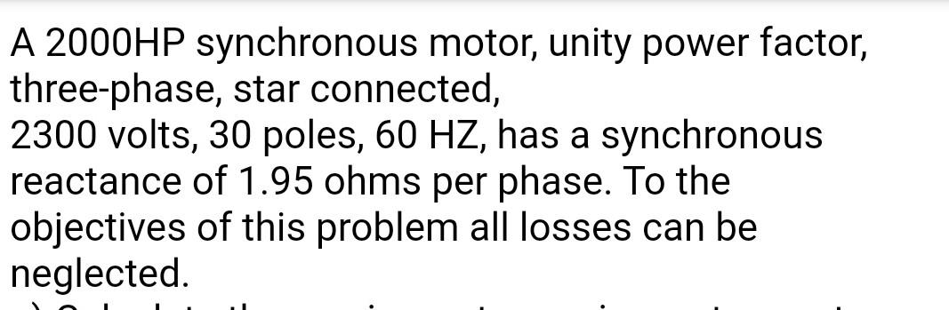 Solved A 2000HP synchronous motor, unity power factor, | Chegg.com
