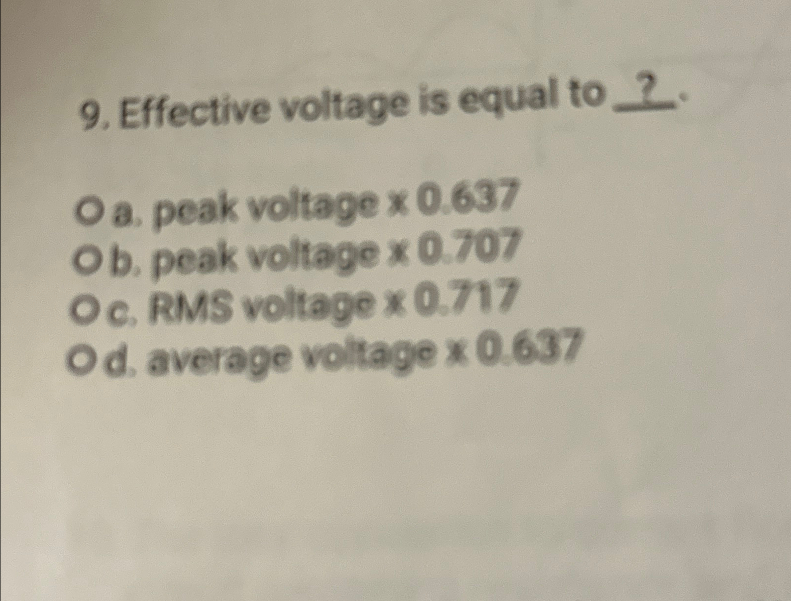 Solved Effective voltage is equal to ?a. ﻿peak vôtage | Chegg.com