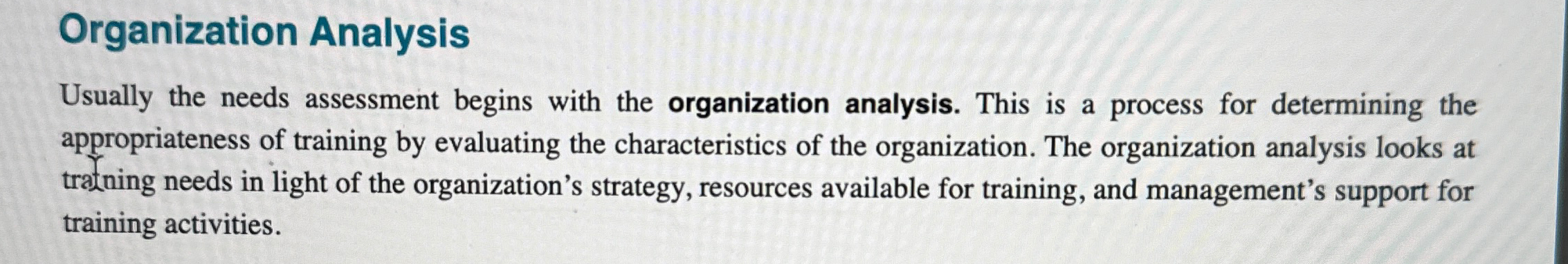 Solved Organization AnalysisUsually the needs assessment | Chegg.com