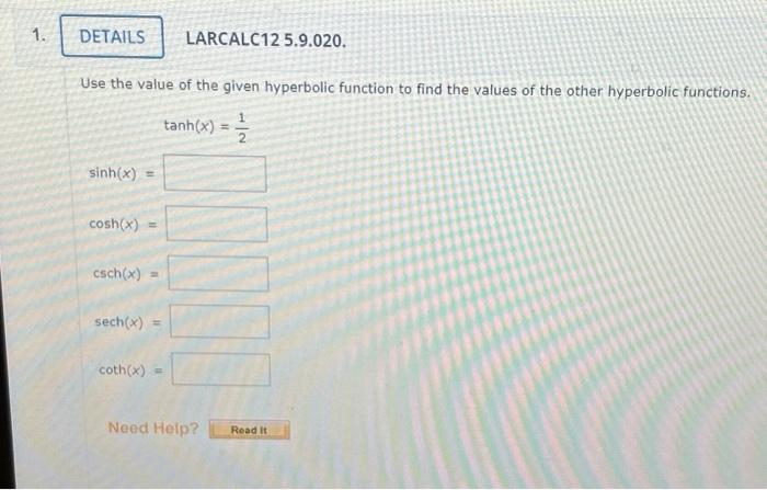 Solved Use the value of the given hyperbolic function to | Chegg.com