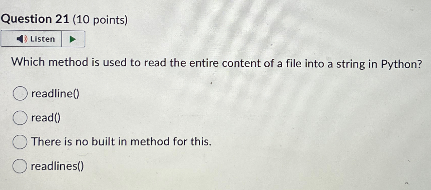 Solved Question 21 (10 ﻿points)Which method is used to read | Chegg.com