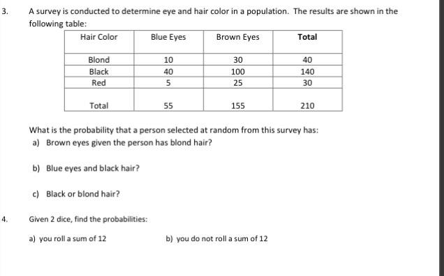 Solved 3. A survey is conducted to determine eye and hair | Chegg.com