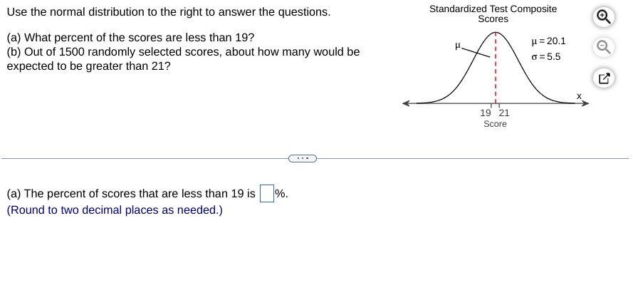 Solved (a) ﻿The percent of scores that are less than 19 ﻿is | Chegg.com