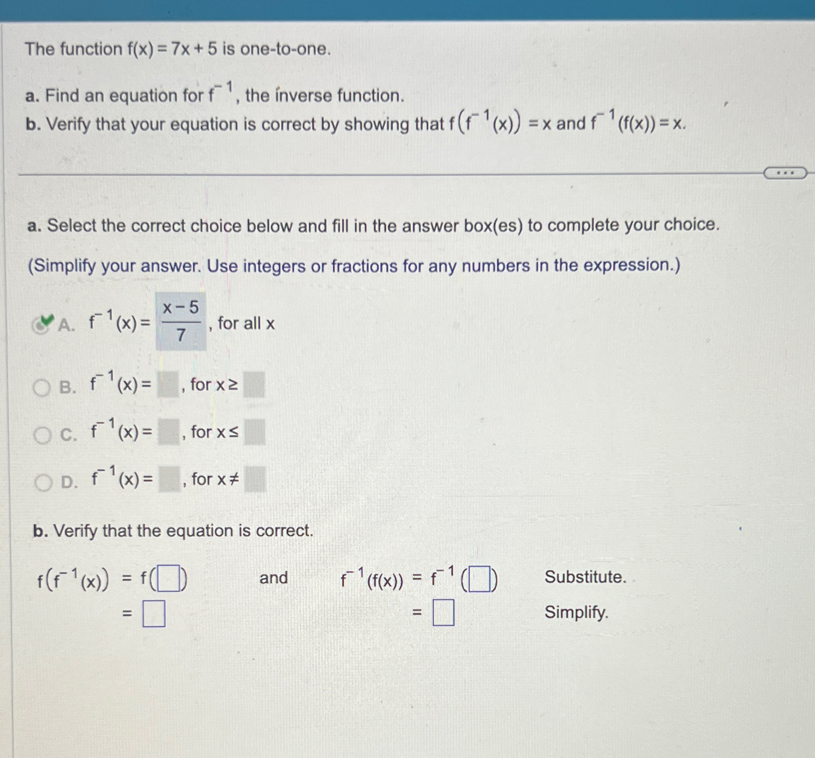 Solved The function f(x)=7x+5 ﻿is one-to-one.a. ﻿Find an | Chegg.com