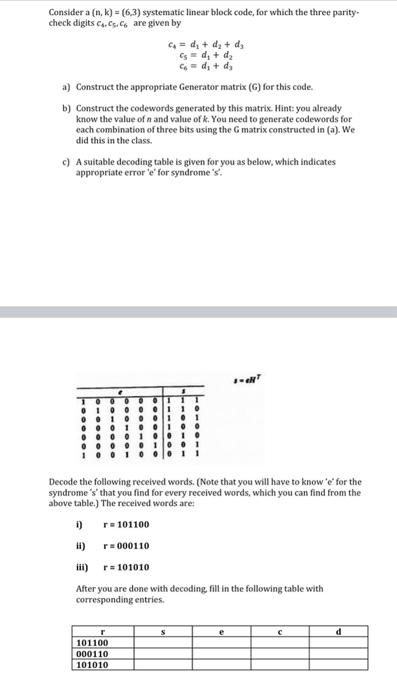 Solved Consider a (n. k) = (6.3) systematic linear block | Chegg.com