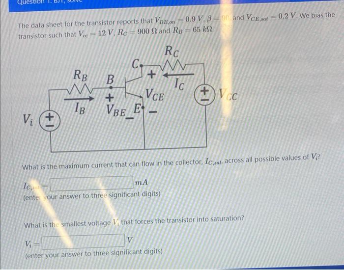 Solved The data sheet for the transistor reports that | Chegg.com