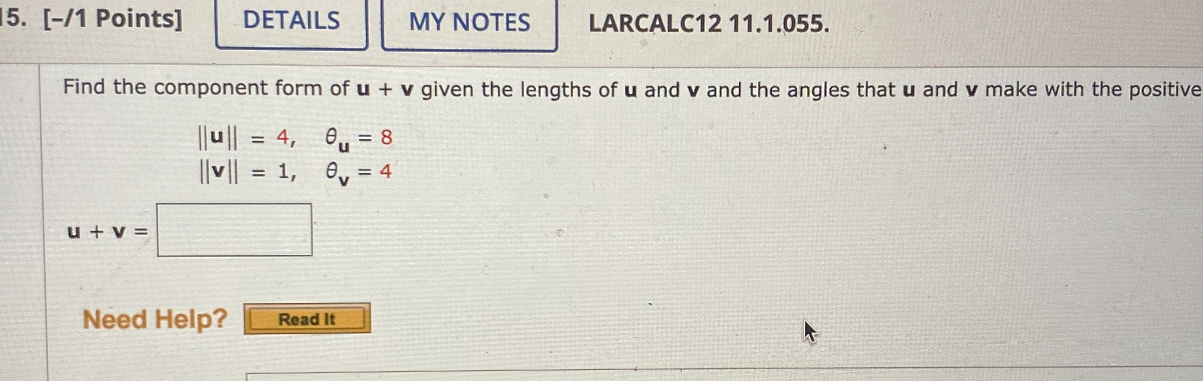 Solved [-/1 ﻿Points]LARCALC12 11.1.055.Find the component | Chegg.com