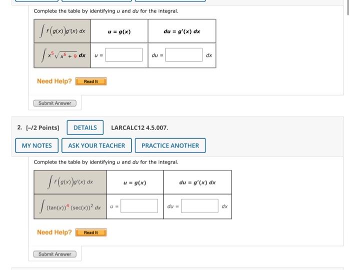 Solved Complete the table by identifying u and du for the | Chegg.com
