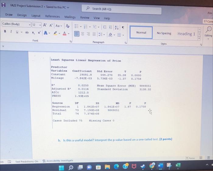 Solved Least Squares Linear Reqression of Price b. Is this a | Chegg.com
